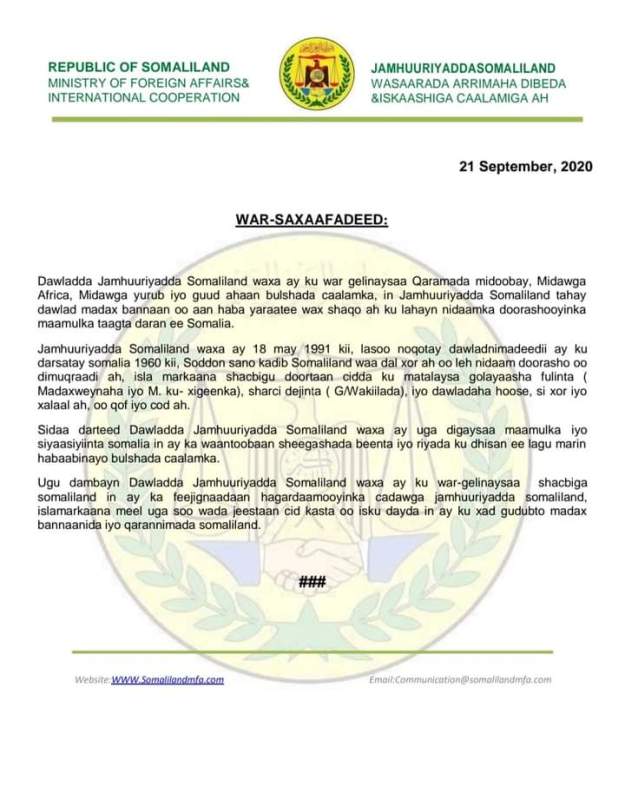 Xukuumada Somaliland Oo Ka Hadashay Mawqifkeeda Doorashada Somaliya Iyo Fariinta Ay Udirtay ...
